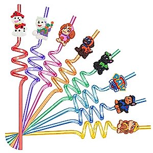 Paw Dog Party Supplies,JOUNYKOL 24Pcs Plastic Drinking Straws 8 Designs Great for Kids Boys Girls Gifts as Theme Party Decorations and Birthday Party Supplies with 2 Cleaning Brushes