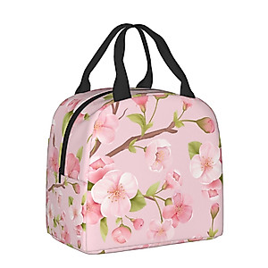 AuHomea Pink Sakura Blossom Lunch Bag For Women Men Insulated Lunch Box For Adult Reusable Lunch Bags With Pocket Zippers For Work, Picnic, School Or Travel