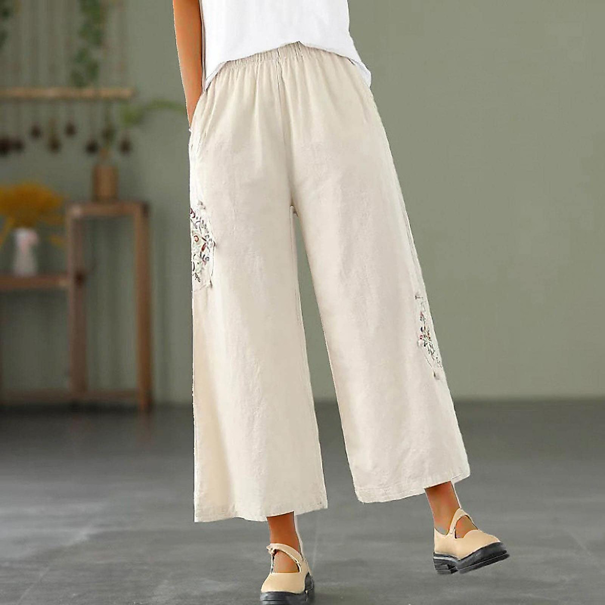 Todays Deals Sale Clearance fold Over Yoga Pants for Women Cotton Linen Pants for Women Embroideried Capri Palazzo Pants Wide-Leg Pants Plus Size Baggy Slacks Trousers Beige 2XL