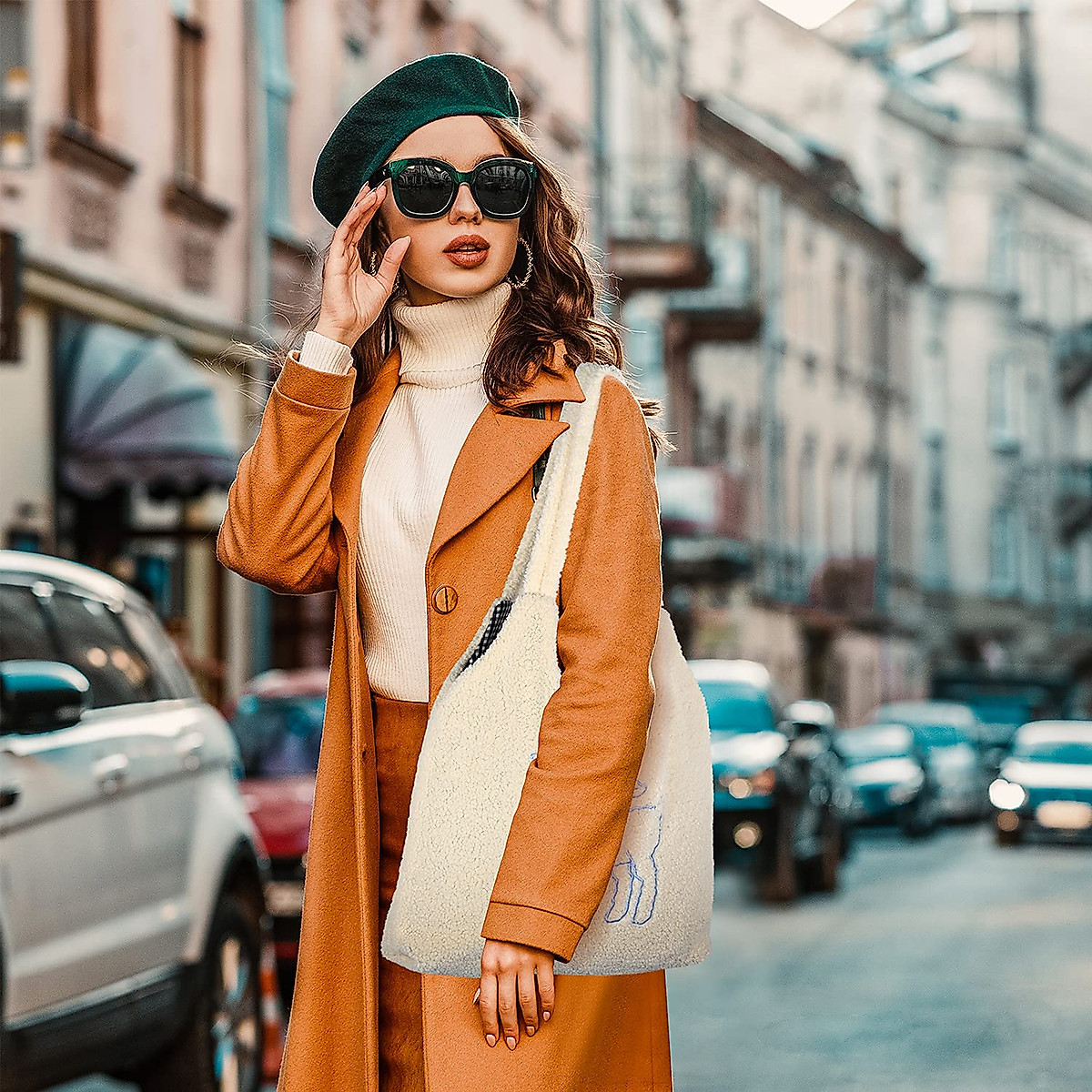 FVVMEED Plush Lamb Bag Tote Purse Lamb Like Fabric Shoulder Bag Simple Shoulder Women Casual Handbag