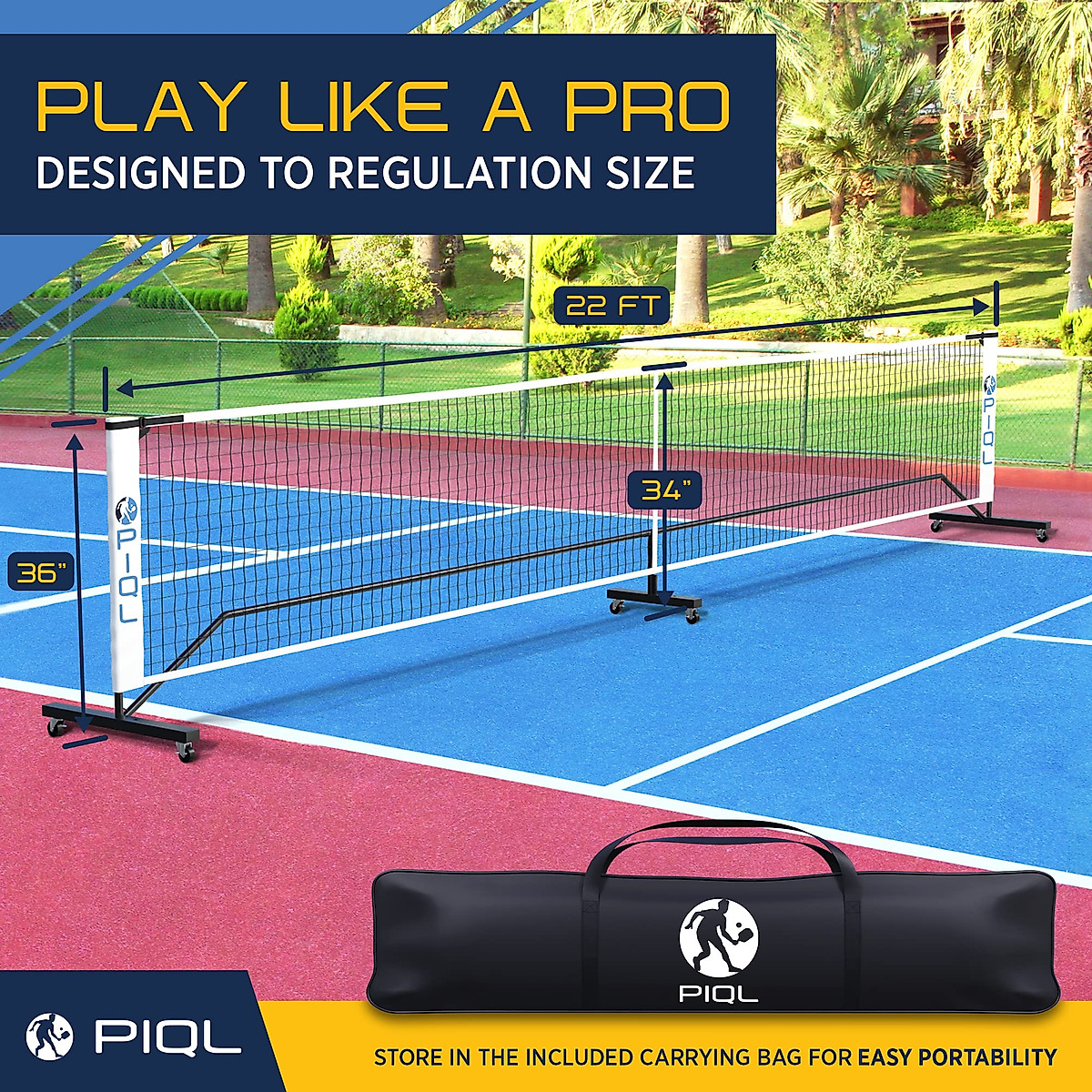 PIQL Portable Pickleball Net System with Wheels - Outdoor Indoor Regulation Size Pickleball Net Set for Driveway, Backyards with Carrying Bag and Metal Frame, Easy Assembly Official Court Size, 22 Ft