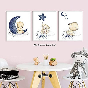 BDA36-Z Set of 3 poster丨Nursery children's room Bear Moon Star Decor Wall Art Poster丨Cute Modern Nordic Home Decor Poster blue painting art丨for Boy Girl Kids Room Playroom丨8x10 inch Unframed