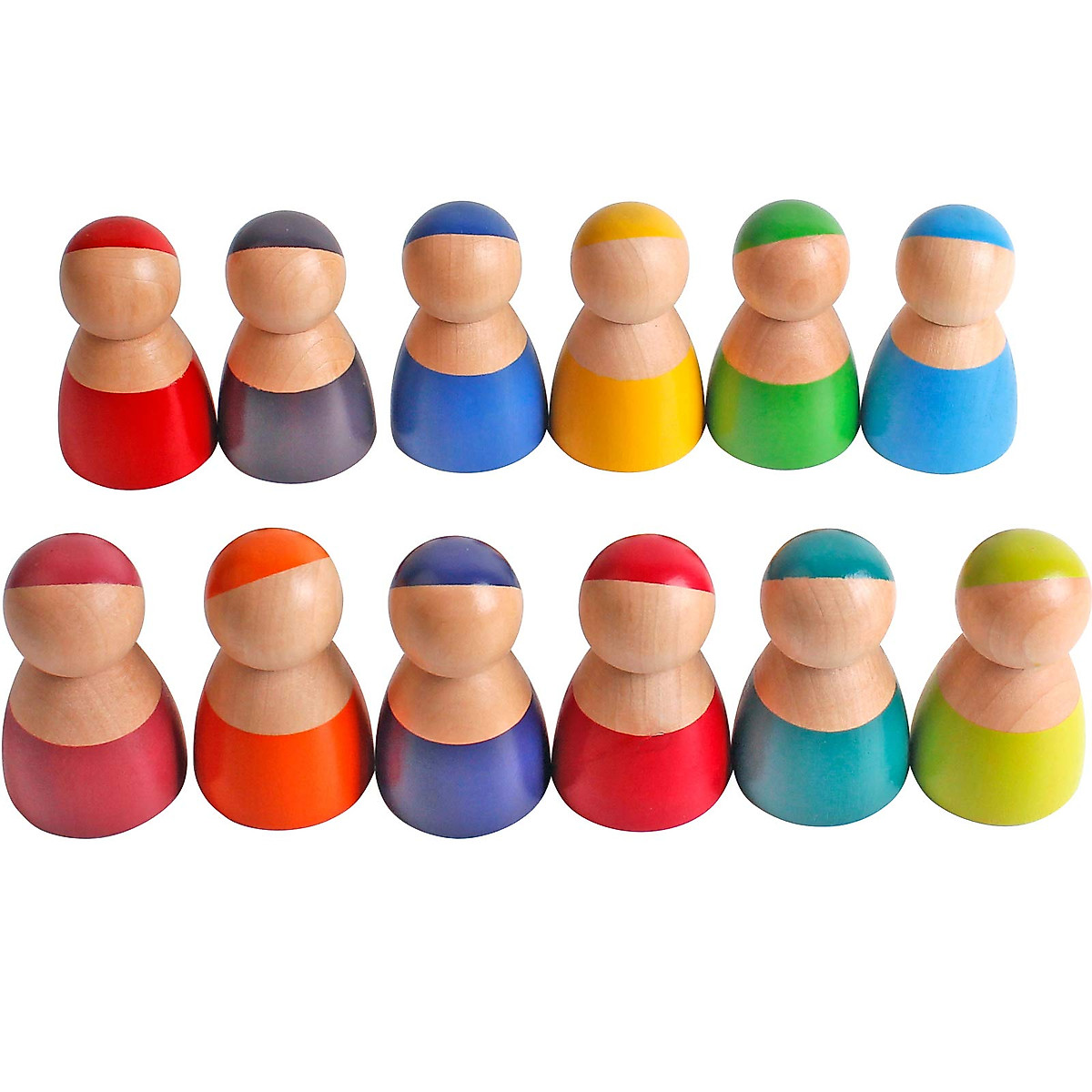 Dinhon 12 Wooden Rainbow Dolls Friends Toys Toddler Wooden Peg Bodies Baby Kids Wooden Pretend Play for Toddlers People Figures Shape Preschool Learning Educational Toys Montessori Toys