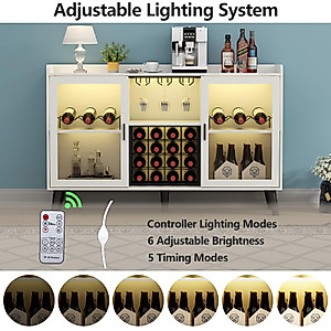 Auromie Wine Bar Cabinet with Led Light, Home Coffee Cabinet with Wine and Glass Rack, Kitchen Buffet Sideboard with Storage Shelves, Freestanding Liquor Cabinet for Living Room, Dining Room (White)
