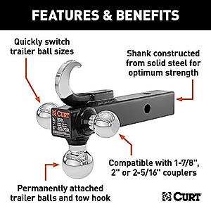 CURT 45675 Multi-Ball Trailer Hitch Ball Mount, 1-7/8, 2, 2-5/16-Inch Balls and Tow Hook, Fits 2-Inch Receiver, 10,000 lbs