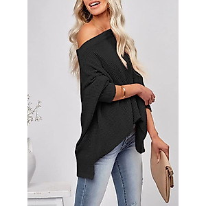 Dokotoo Women's Long Sleeve Waffle Knit Tops Boat Neck Casual Loose Fit Shirts Tunic Off The Shoulder Blouses for Women Fashion 2024 Black Small