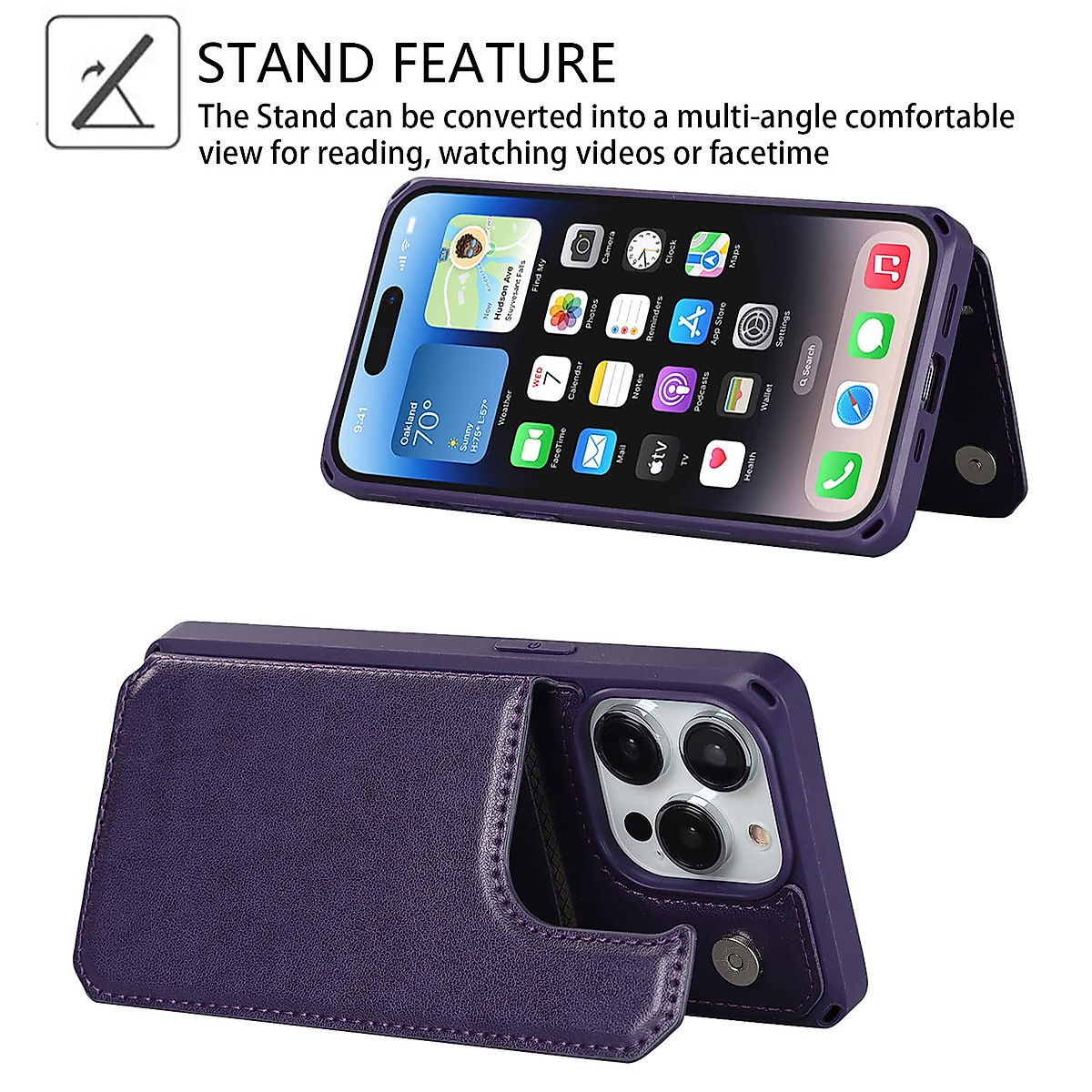 Cavor for iPhone 14 Pro Max Case Wallet with Card Holder,for iPhone 14 Pro Max Wallet Phone Case for Women Men,Leather Credit Card Holders Shockproof Stand Case-Dark Purple