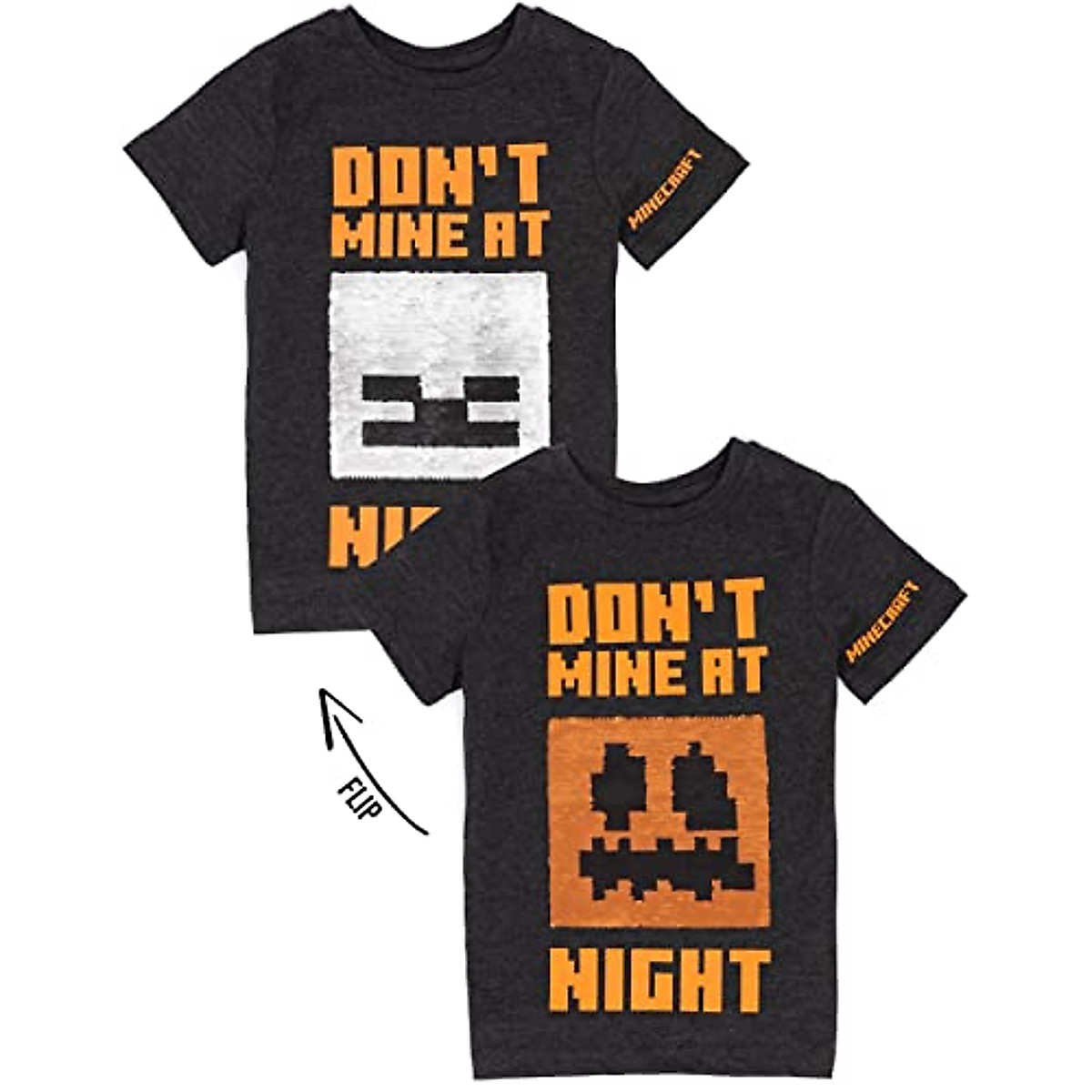 Minecraft Boys Halloween T-Shirt | Kids Dark Grey Flip Sequin Pumpkin Creeper Villains Tee | Skeleton Seasonal Costume Top