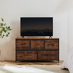 OLIXIS Dresser for Bedroom with 5 Drawers, Wide Chest of Drawers, Fabric Bedroom Dresser with Drawer Organizers, Storage Organizer Unit with Fabric Bins for Closet, Living Room, Hallway, Rustic Brown