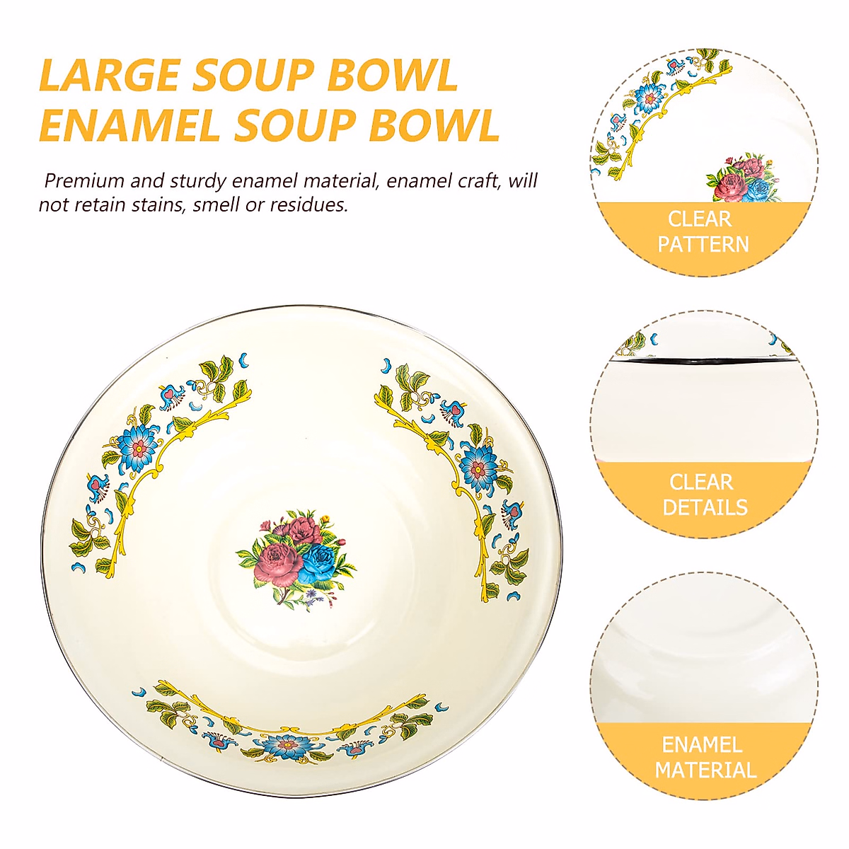 DOITOOL Enamel Plates Enamel Mixing Bowl Vintage Flower Large Salad Bowl Enamelware Washing Basin Chinese Style Soup Serving Bowl for Ramen Asian Dishes Cereal Rice Noodle Enamel Bowl