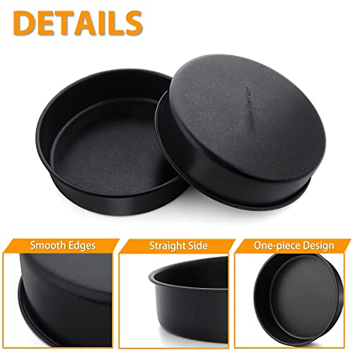 P&P CHEF 8 Inch Round Cake Pan Set of 2, Non-Stick Cake Baking Pans for Birthday Wedding Layer Cakes, Stainless Steel Core & Leak Proof, Sturdy & Healthy, Black