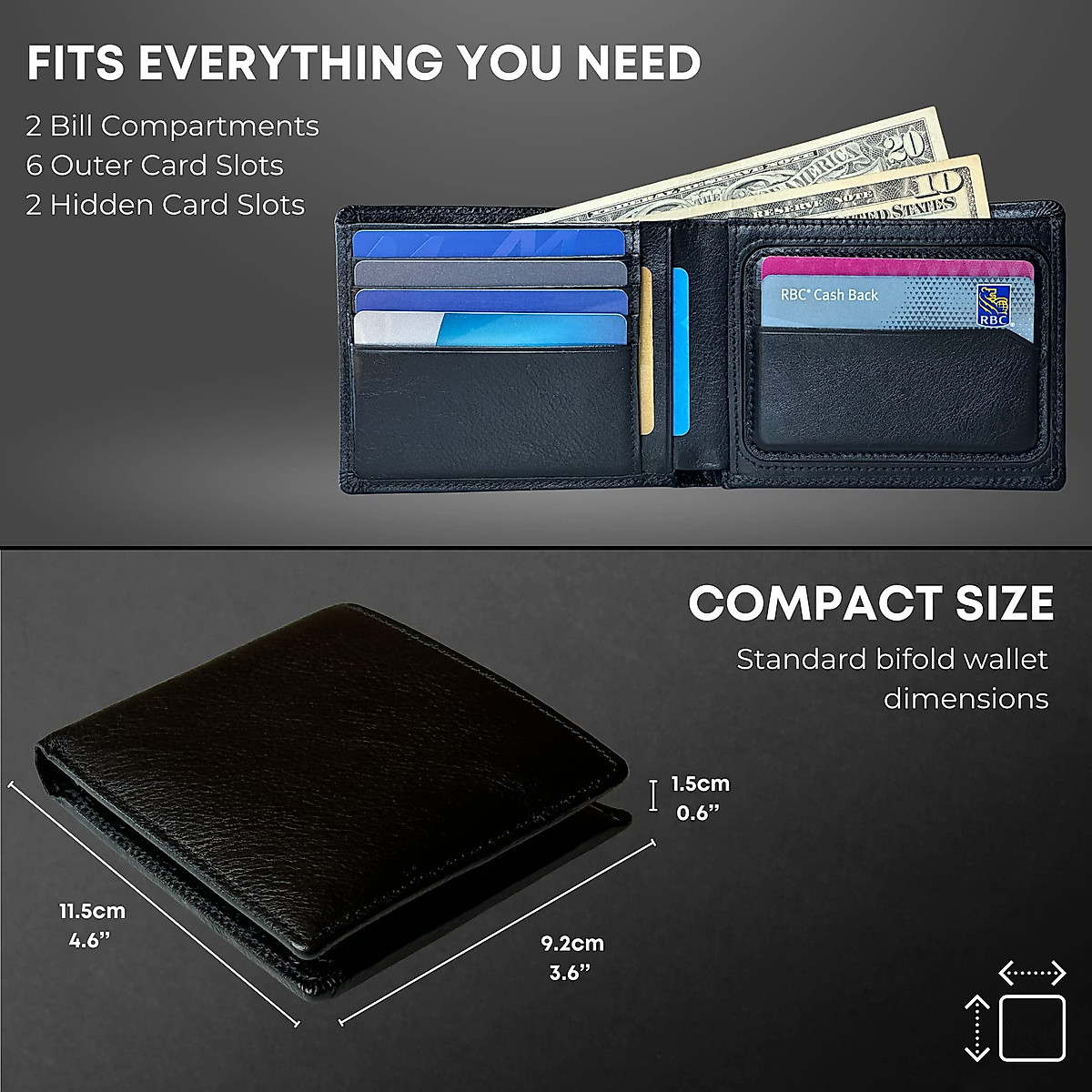 VECI 2-in-1 MagSafe Compatible Men’s Bifold Wallet with Detachable Wallet/Card Holder - Modular Design with Slim & Magnetic Section for use with iPhone (Full-grain leather, Black)