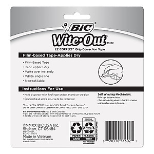BIC Wite-Out Brand EZ Correct Grip Correction Tape, 19.8 Feet, 2-Count Pack of white Correction Tape, Fast, Clean and Easy to Use Tear-Resistant Tape Office or School Supplies