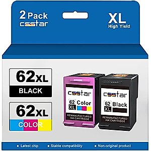 CSSTAR Remanufactured 62XL Ink Cartridges Replacement for HP Ink 62 Combo Pack Use with Envy 6000 6055 5000 7640 6455e 7646 5540 7645 5660 4512 5530 OfficeJet 8040 8045 Printer (1 Black, 1 Color)