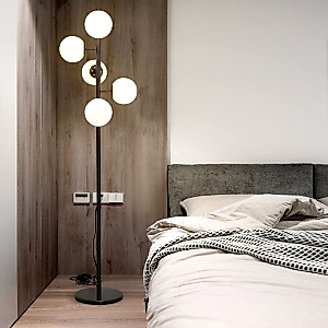 KCO Lighting Contemporary LED Standing Light 5-Light Frosted White Glass Globe Floor Lamp Modern Black Corner Tall Pole Lamp with Foot Switch for Home Office (Black)