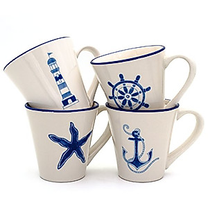 Euro Ceramica Ahoy Collection Nautical Ceramic Coffee/Tea Mugs, 13.5oz, Set of 4, Assorted Designs, Blue & White
