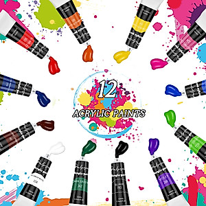 Kalysky 47PCS Kids Paint Set,Canvas Painting Kits for Kids ages 4-8,8-12,Acrylic Paint Art Supplies for Kids 9-12 with 12 Paints, 5 Canvas Panels, 18PCS Drawing Paper,10 Brushes