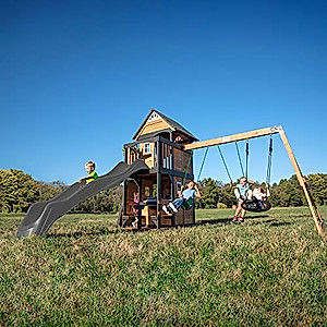 Backyard Discovery Canyon Creek All Cedar Wood Swing Set w/Grey Wave Slide, Playhouse w/Grill, Plastic Food, Picnic Area, Steering Wheel, Two Belt Swings, Rock Climbing Wall, Balcony, Deck, Web Swing