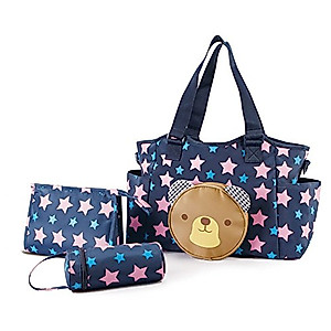 Mom Miya Large Capacity Multifunction Mummy Diaper Bag Tote Bag Mother Nappy Bag Set 3pcs Star Bear Design 2 Color (Blue)