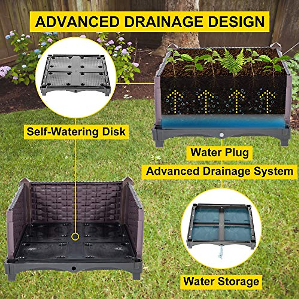 VEVOR Plastic Raised Garden Bed, 20.5" High Set of 5, Rattan Style Grow Planter Care Box Kit, Self-Watering Elevated for Herbs, Flowers, and Other Plants Indoor ot Outdoor, Brown