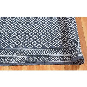 Indigo Blue Rug for Bathroom Handmade Cotton Durries Boho Kilim Rug Flat Weave Indoor Floor Decorative Rugs for Balcony Lounge Floor Bedroom Balcony