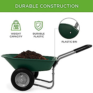 Best Choice Products Dual-Wheel Home Utility Yard Wheelbarrow Garden Cart w/Built-in Stand for Lawn, Gardening, Grass, Soil, Bricks, and Construction, Green