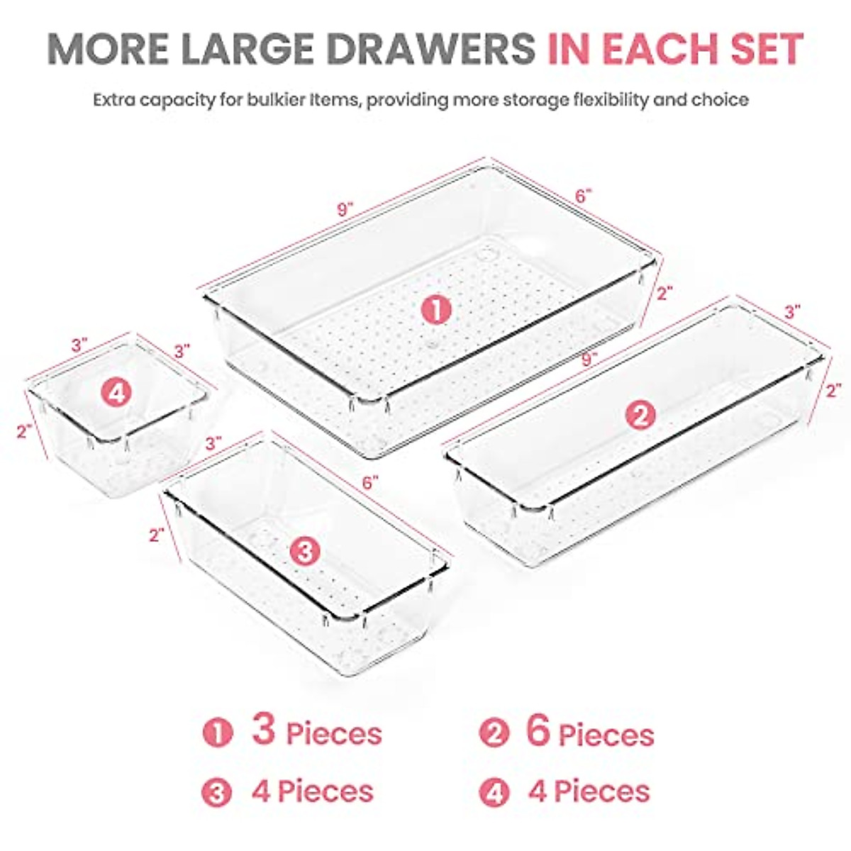 HOUSE DAY Makeup Drawer Organizer Trays 17 PCS, 4-Size Clear Drawer Organizers with Silicone Pads, Vanity Organizers and Storage, Non Slip Plastic Drawer Organizer for Desk, Bathroom, Kitchen, Office
