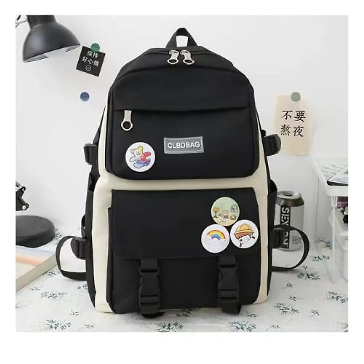 Teslawi kawaii backpack 4Pcs Set Aesthetic backpack 17in backpack，with Kawaii Pendants，Crossbody Bag ，Pencil Case, Handbag (Black)