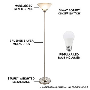 Lavish Home Torchiere Floor Lamp-Standing Light with Sturdy Metal Base and Marbleized Glass Shade-Energy Saving LED Bulb Included (Brushed Silver)