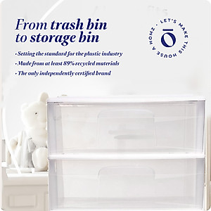 HOMZ Drawer Tower, 3-Tier Wide Clear Plastic Storage Organizer Cart, White Frame