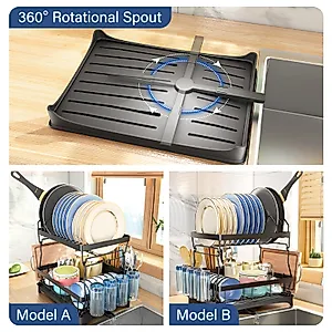 Dish Drying Rack, Detachable 2 Tier Dish Racks for Kitchen Counter with Pot Rack, Large Capacity Dish Drainer with Drainboard Organizer Shelf with Utensil Holder, Cup Rack, Cutting Board Holder, Black