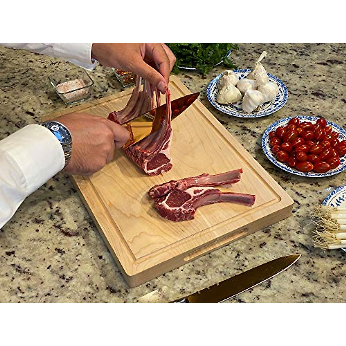 Wood Cutting Board Hard Maple 17x12x1.25 Inches Reversible with Handles and Juice Groove, Extra Thick Butcher Block Chopping Board Handmade By Ferrum.