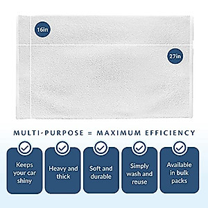 Car Care Essentials Wash Dry and Detail Towels, Set of 12, White, 100% Ring Spun Cotton, 16” X 27”, 4.25 lbs. per dz. Heavy Thick, Premium Multi-Purpose Towels