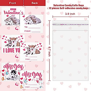 72 Pieces Valentine Candy Cello Bags Plastic Valentine Treat Bags Self Adhesive Cellophane Goodies Bags with 72 Pieces Bag Toppers Baking for Boy Girl Wedding Anniversary Party Supplies