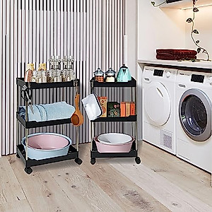 OHAHALICO 2 Pack 3 Tier Storage Cart, Bathroom Rolling Utility Cart Storage Organizer Slide Out Cart, Mobile Shelving Unit Organizer Trolley for Office Bathroom Kitchen Laundry Room, Black