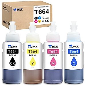 Printers Jack Compatible Epson T664 Refill Ink Bottle kit for Expression ET-2650, ET-2500, ET-2550, ET-2600 & Workforce ET-16500, ET-4500, ET-4550 Printers