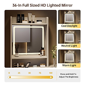 oneinmil Small Vanity Desk Set with LED Lighted Mirror & Power Outlet, Makeup Vanity Desk for Small Space, White Dressing Table with Fold-up Panel for Bedroom, 3 Lighting Modes