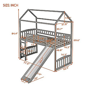 MOEO Twin Size House Loft Bed with Convertible Slide, Wood Bedroom Bedframe for Kids, Bedroom, Home, No Box Spring Need, Grey