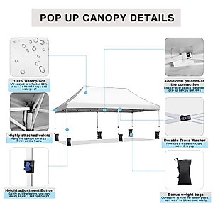 CAJECUS 10' x 20' Pop Up Canopy, Durable Easy Beach Canopy Tent, Waterproof Outdoor Canopy with 3 Adjustable Height, Roller Bag, 6 Sand Bags, 4 Ropes & 8 Stakes, White