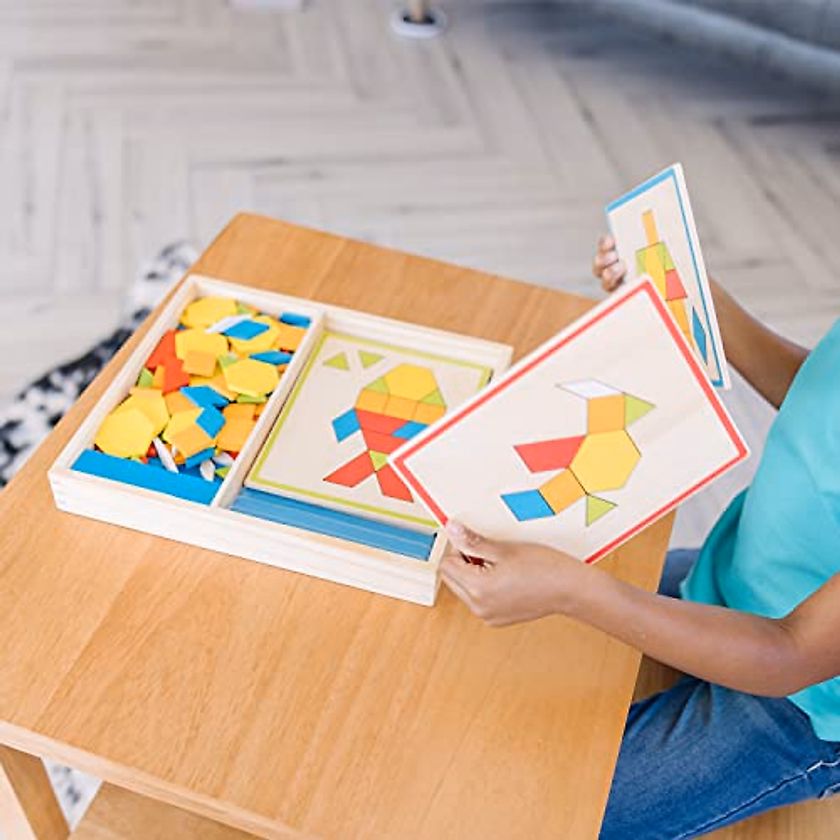 Melissa & Doug Pattern Blocks and Boards - Classic Toy With 120 Solid Wood Shapes and 5 Double-Sided Panels, Multi-colored - STEAM Toy, Wooden Pattern Blocks Animals, Tangrams Puzzle For Kids Ages 3+