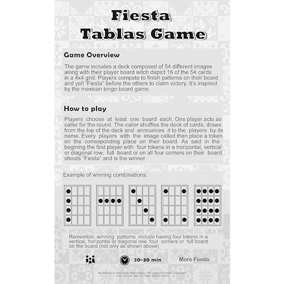 Fiesta Themed Tablas Game in Spanish for Up to 20 Players - 20 Playing Boards and Full Deck Calling Cards