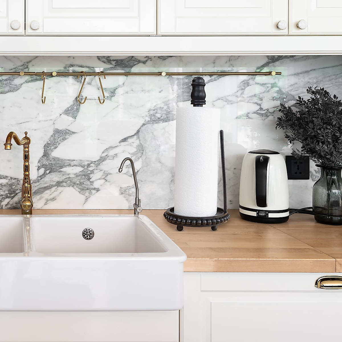 AuldHome Farmhouse Paper Towel Holder (Black); Wooden Beaded Rustic Disposable Towel Dispenser for Countertop