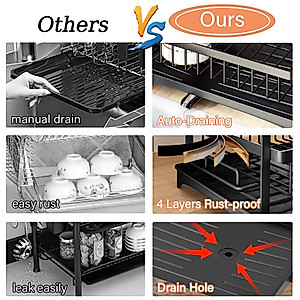 Santentre 2-Tier Dish Drying Rack with Removable Utensil Holder, Over Sink Dish Drying Rack for Space Saver, Dish Drainers for Kitchen Counter, Rust Resistant Stainless Steel Dish Rack, Black