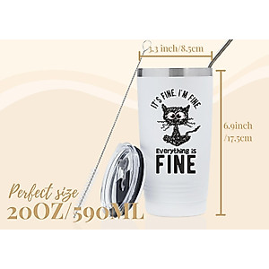 Onebttl Cat Gifts for Cat Lovers, Insulated Stainless Steel Tumblers with Lids and Straws, Funny gifts for Cat Mom, Dad on Birthday, Christmas, 20 oz, White, I'm Fine