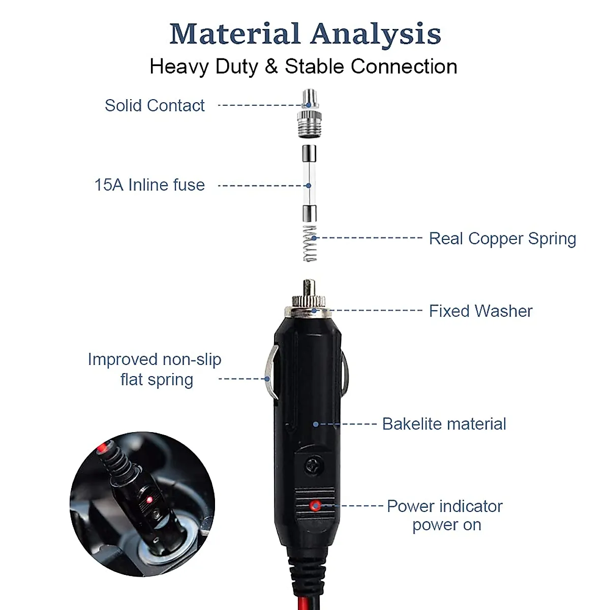 Cigarette Lighter SAE Battery Charger Cable, 16AWG 12V Cigarette Lighter Plug to SAE Quick Release Adapter Extension Charging Cable with Fuse and LED Light 5FT