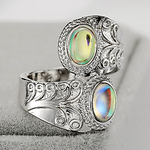 hsiyyecg Moonstone Ring Colorful Oval Retro Exaggerated Carved Punk Style Women's Boho Chic Art Deco Ring (US Size 9)