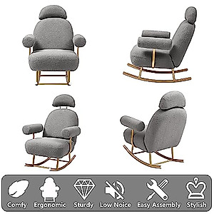 Setawix Teddy Nursery Rocking Chair Modern Faux Sherpa Accent Glider Rocker Chair Soft Boucle Rocking Armchair with Golden Metal Legs,High Back and Arms for Living Room Bedroom (Grey)