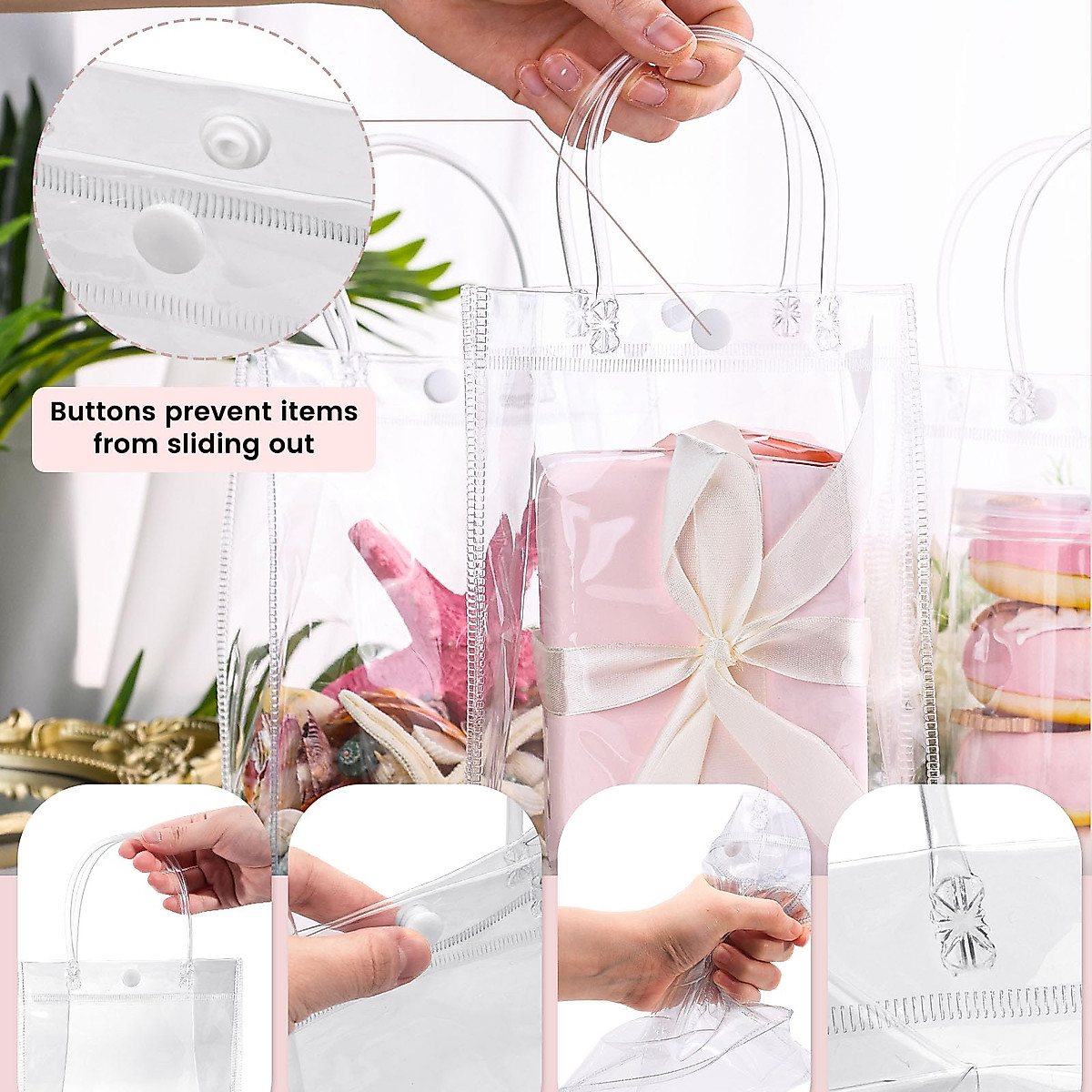 VGOODALL 24PCS Clear Gift Bags with Handle, Plastic Bags Gift Bags Thickened PVC Goodie Bags for Wedding Birthday Baby Shower Party Favor(5.9"x2.8"x7.9")