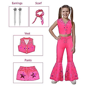 Hitormoon Pink Cowgirl Costume for Girls,70s 80s Hippie Disco Outfits for Kids, Halloween Cosplay Costume with Accessories Scarf Earrings HN009M