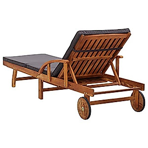 Folding Sun Lounger with Gray Cushion | Foldable Chaise Lounge with Wheels | Adjustable Outside Patio Sunlounger | Outdoor Wooden Garden Lounge Chair | Weather Resistant Brown Solid Acacia Wood